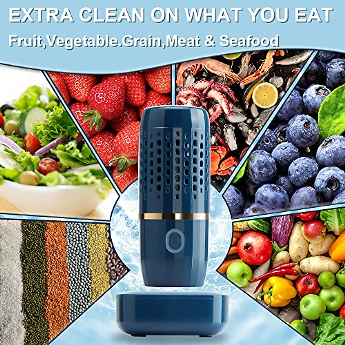 Texsens Fruit and Vegetable Washing Machine - Portable Fruit Cleaner Device, Wireless Charging & Waterproof Veggie Purifier Home Gadgets for Deeply Cleaning Produce, Grain, Rice& Tableware (Blue)