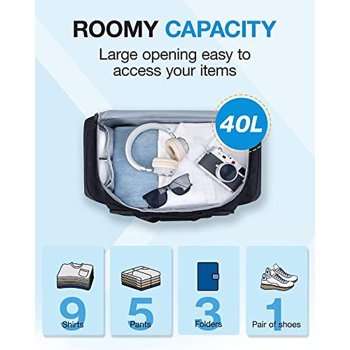 Travel Duffle Bag, BAGSMART 40L Gym Bag for Men with Shoe Bag, Carry On Weekender Overnight Bag with Multiple Pockets for Travel Essentials, Sports, Traveling(Black)