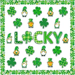 Kepeel 95 Pieces St. Patrick's Day Shamrocks Cutouts Bulletin Board Decorations, St. Patrick’s Lucky Gnome Paper Cutouts Bulletin Trim Board Border Stickers for Holiday Classroom School Supplies