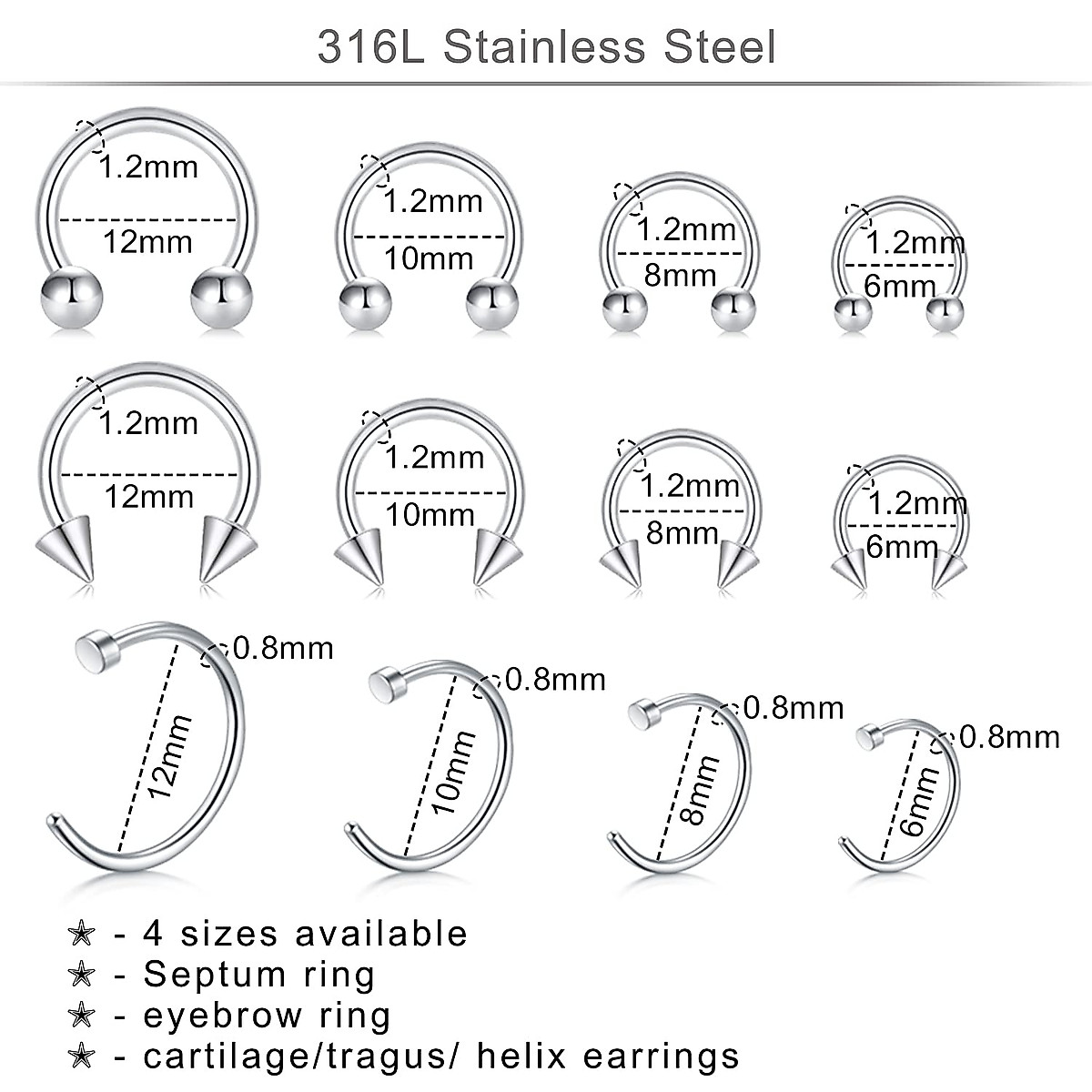 JIESIBAO 75PCS Mixed-size Piercing Kits for All Piercings,Stainless Steel Piercing Kit 14G 16G 18G 20G Piecing Needles for Ear Cartilage Tragus Nose Septum Lip Nipple Piercing Tools