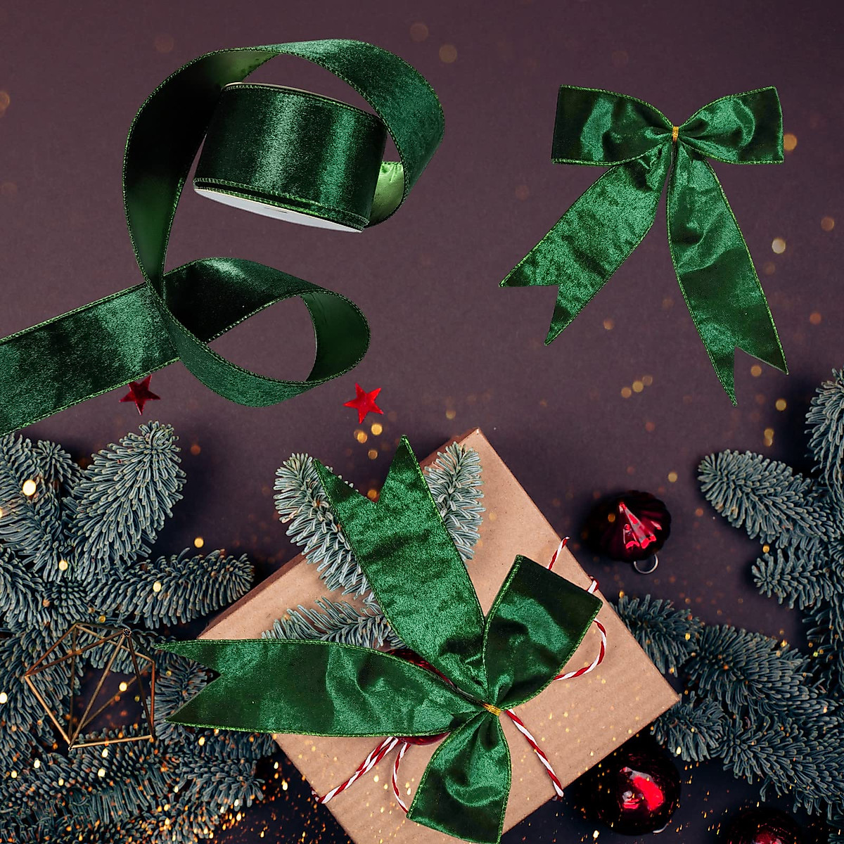 2 Rolls Christmas Velvet Ribbon 2.5 Inches Width Vintage Wide Wired Edge Wrapping Ribbon for Christmas Gift Wrapping, Bow Making（Green,Red）