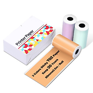 Ponek T02 White Self-Adhesive Paper, Black On White Paper, 50mm x 3.5m, 3 Rolls, Keep for 10 Years and T02/M02X/M02L Purple/Green/Orange Thermal Paper-20-Year Sticky 50mmx3.5m for Journal, 3 Rolls
