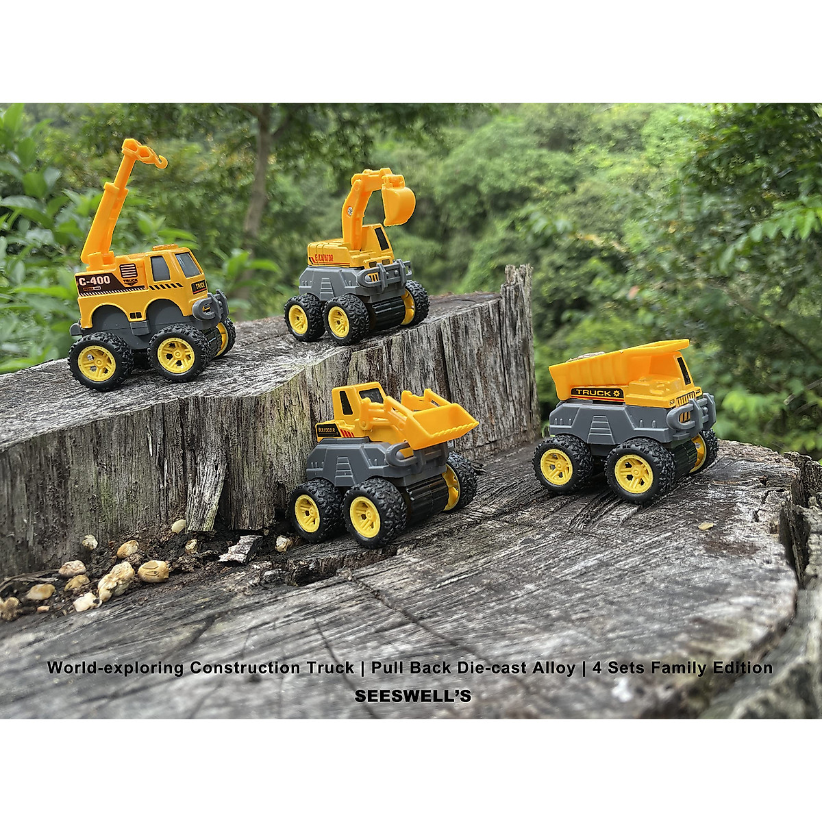 SEESWELL Construction Truck Toys | Monster Truck | Pull Back Friction Powered | Die-cast Alloy Vehicles Playset | 4 Pack | Toys for 3+ Years Old Kids