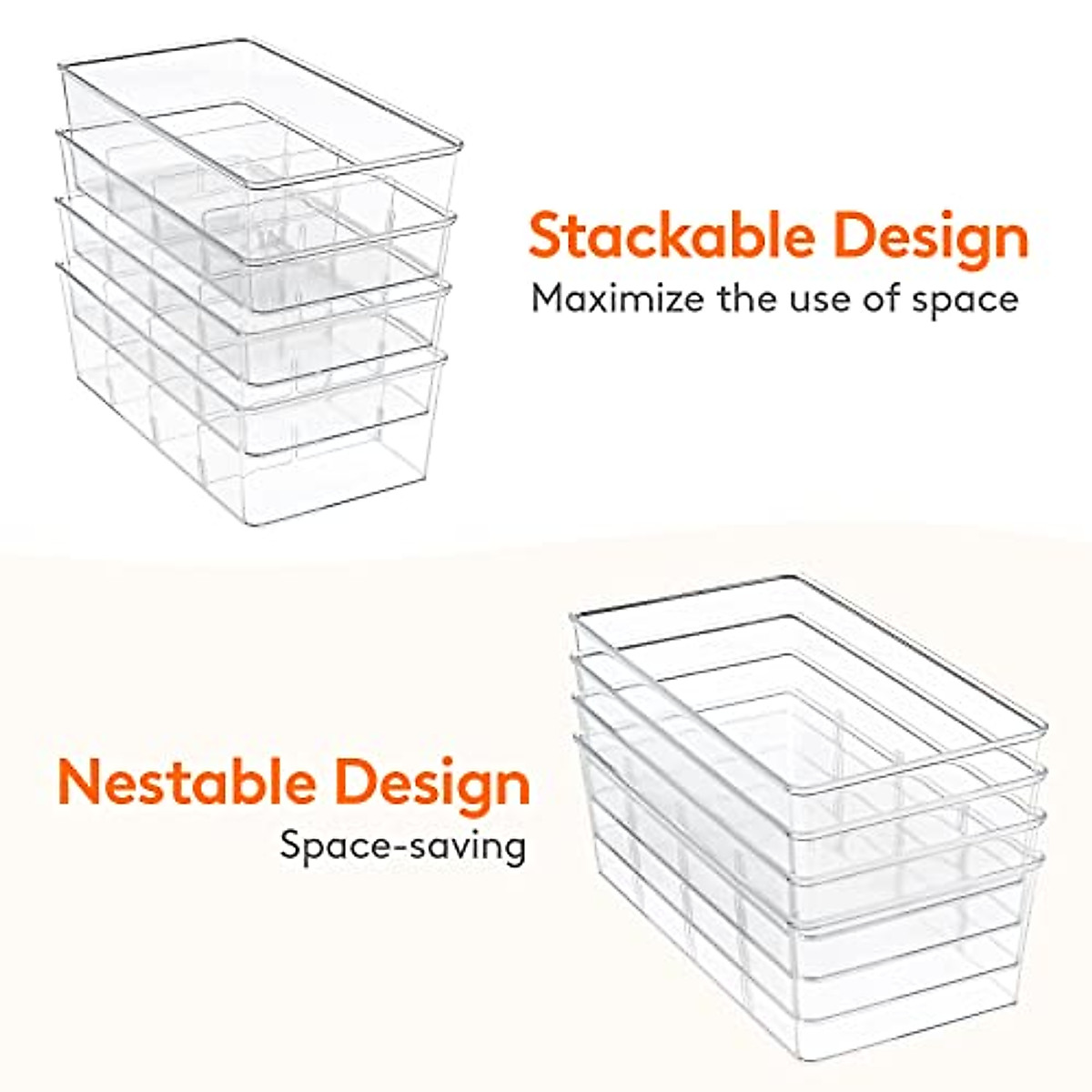 Lifewit 4Pcs Plastic Food Storage Organizer Bin Box, Hold with 3 Dividers for Tea Bags, Snacks, Packets, Pouches, Spices, Ideal for Pantry, Kitchen, Fridge, Cabinet Organization, BPA Free, Clear