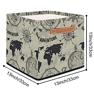 Foldable Storage Bins 13x13 Storage Cubes Old Adventure Map Fabric Storage Baskets for Shelves Drawer with Handles Organizer for Shelves Toy Nursery Closet Bedroom