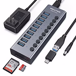Powered USB 3.0 Hub, Wenter 10 Ports 36W Powered USB Hub, Aluminum USB Splitter with Individual On/Off Switches, SD/TF Card Readers and 12V/3A Power Adapter for PC/Laptops/MacBook Pro/Air/iMac/iPad