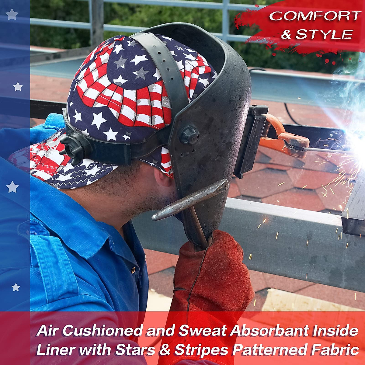 2 Pcs Welding Cap Flame Resistant Cotton Welding Hat Mesh Inside Liner for Welders Caps Elastic Low Crown for Welder Electrician Gas Station Matched with Most Welding Helmet (Flag Style)