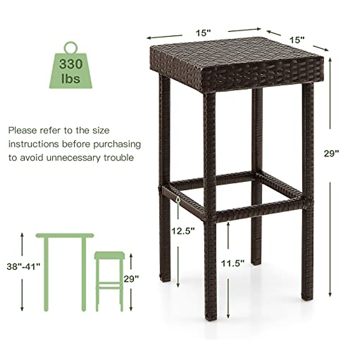 HAPPYGRILL Set of 2 Patio Bar Stools Outdoor PE Rattan Bar Chairs with Sturdy Steel Frame and Footrests, PE Wicker Bar Stools for Backyard Poolside Garden