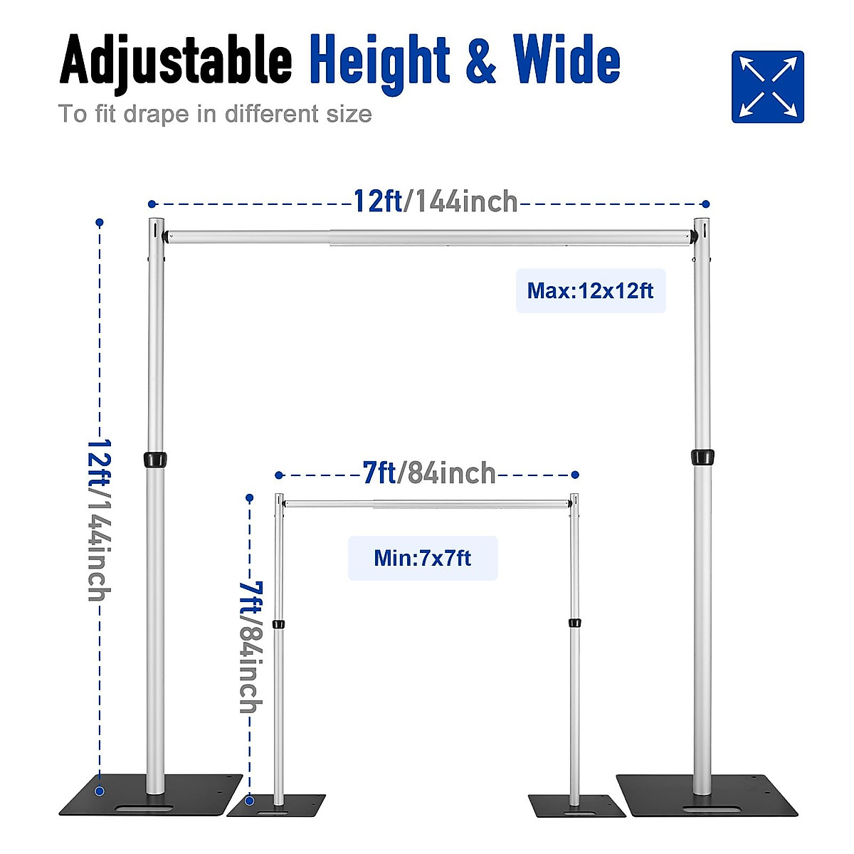Hecis 12x12Ft Double Crossbar Pipe and Drape Backdrop Stand, 7-12' Tall x 7-12' Wide Adjustable Pipe and Drape Stand, Heavy Duty Backdrop Stand for Event, Party, Trade Shows and Wedding Decor