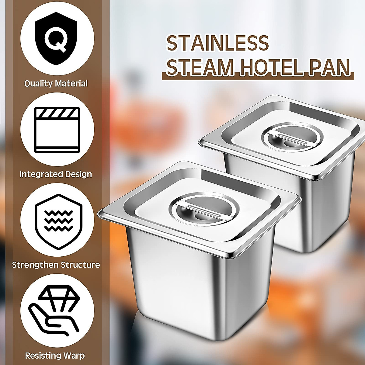 Baderke 4 Pack Stainless Steam Hotel Pans with Lids, 1/6 Sixth Size x 6 Inch Deep, 0.7 mm Thick 304 Stainless Steel Hotel Pan Anti Steam Table Pan for Food Warmer Cooking Heat