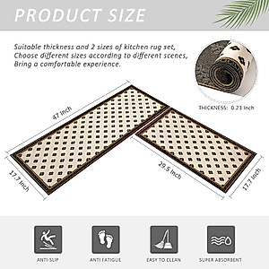 AUTODECO 2 PCS Farmhouse Kitchen Mats and Rug Set - Vintage Water Absorb Microfiber Kitchen Rug Non Skid Washable for Bathroom Laundry Room 17"x29.5"+17"x47", Beige&Black