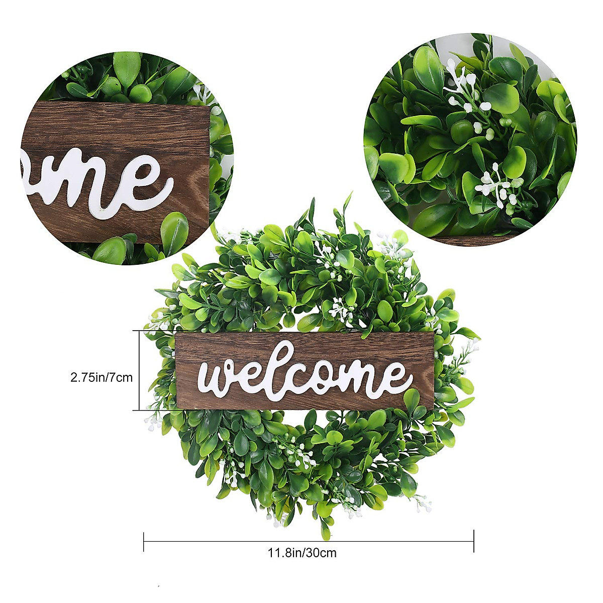 NAHUAA 12 Inch Boxwood Wreath for Front Door Artificial Green Leaves Spring Wreath with Welcome Sign for Farmhouse Wreath Wall Window Wedding Home Table Centerpiece