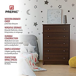 Prepac Fremont Superior 5-Drawer Chest for Bedroom - Spacious and Stylish Chest of Drawers, Measuring 17.75"D x 31.5"W x 44.75"H, In Espresso Finish
