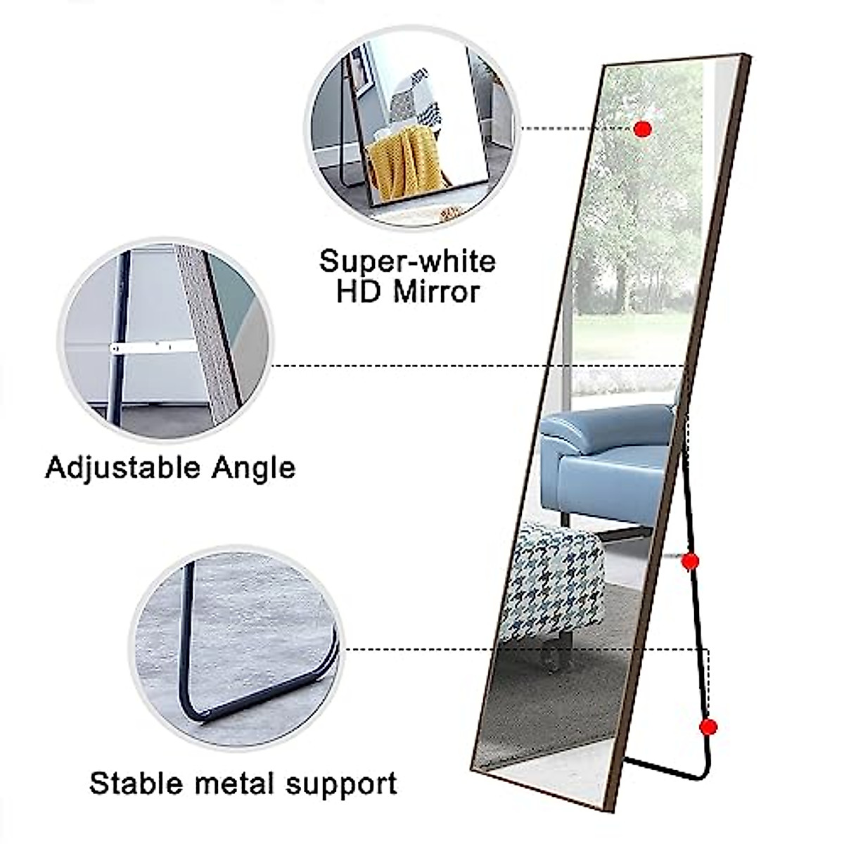 WIIS' IDEA Full Length Floor Mirror, Full Body Standing Mirror, Alu Free Dressing Mirror Standing, Hanging or Leaning Against Wall Mirror for Bedroom, Living Room (Grey, 65”x23-Wood)