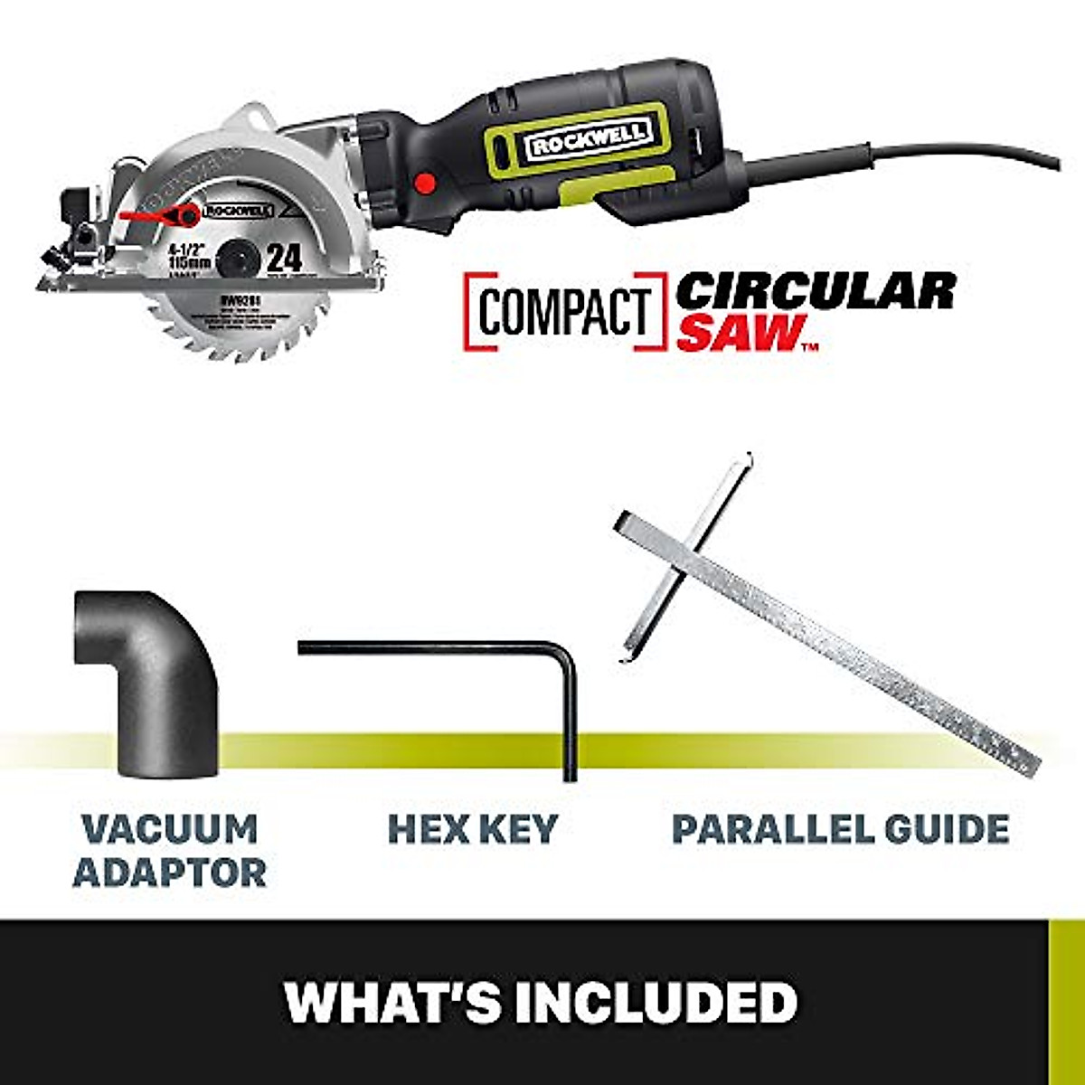 Rockwell 4-1/2” Compact Circular Saw, 5 amps, 3500 rpm, with Dust Port and Starter Kit– RK3441K , Black