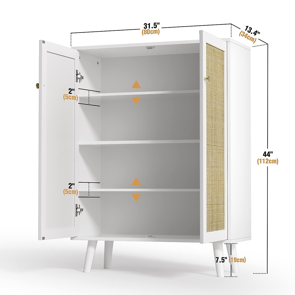 Anmytek Rattan Cabinet, 44" H Tall Sideboard Storage Cabinet with Crafted Rattan Front, Entryway Shoe Cabinet Wood 2 Door Accent Cabinet with Adjustable Shelves White, H0086