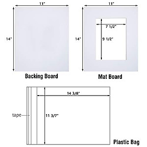 Acid Free 25 Pack 11x14 Pre-Cut Mat Board Show Kit for 8x10 Photos, Prints or Artworks, 25 Core Bevel Cut Matts and 25 Backing Boards and 25 Crystal Plastic Bags, White