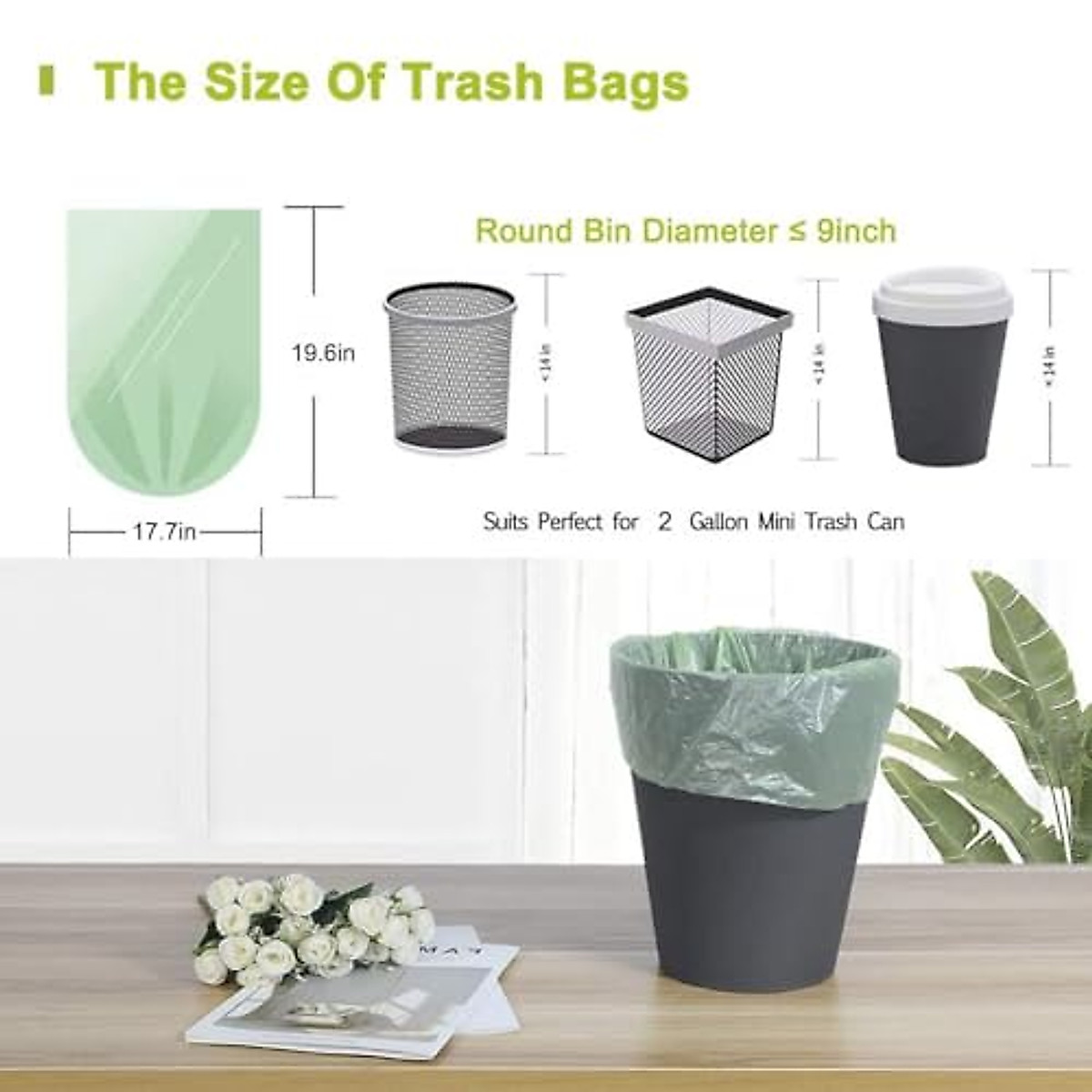 Biodegradable Trash Bags - YUEYA 2.6 Gallon 100 Count Garbage Bags for Home, Kitchen, and Yard Waste Disposal (Green)
