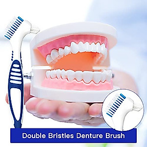 2 Packs Denture Bath Cases and 2 Packs Denture Brushes kit, Portable Professional Denture Cups Denture Boxes Dentures Container with Removable Basket for Home Use (Blue, Green)