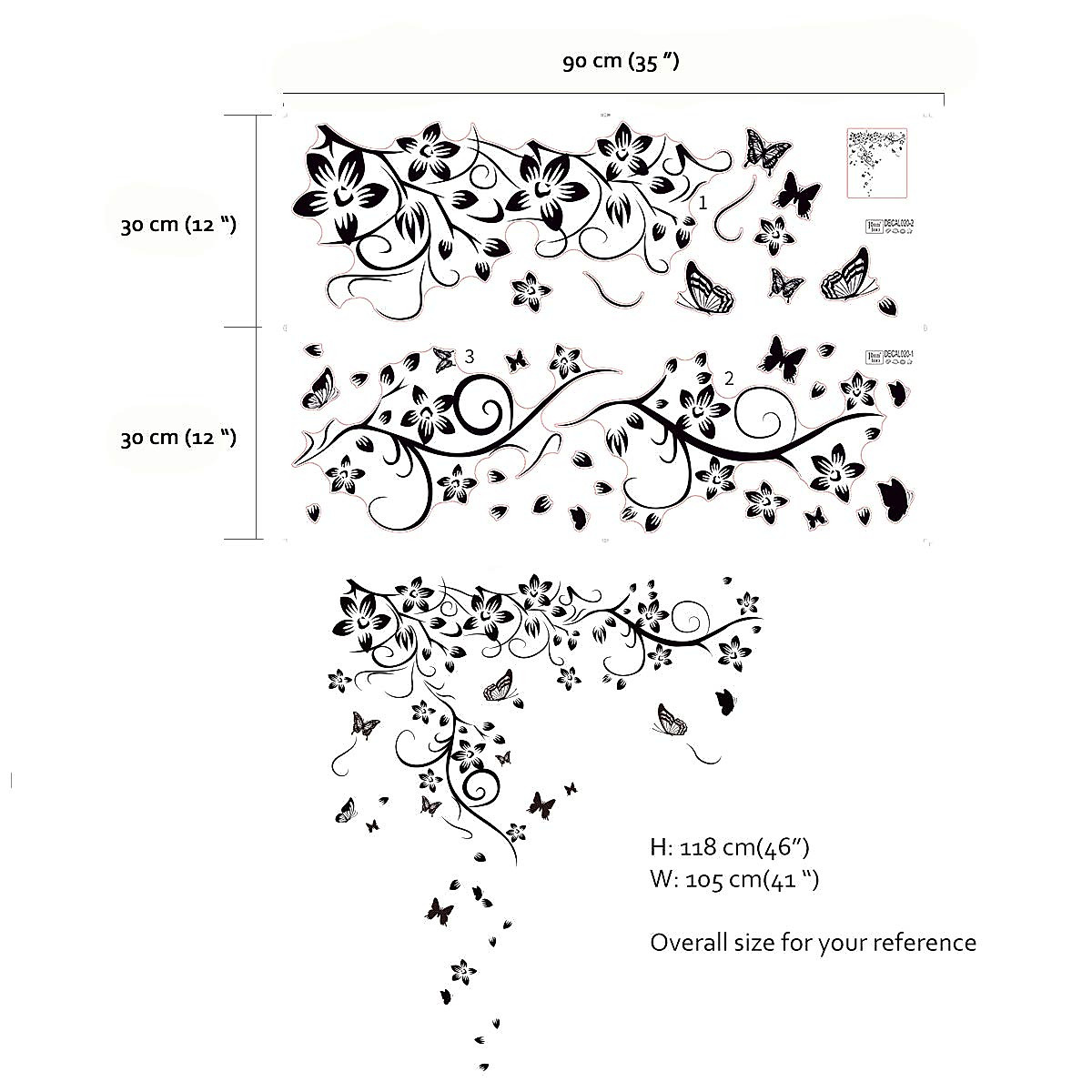 Runtoo Black Flowers Vine Wall Decal Floral Butterfly Wall Stickers Living Room Bedroom Wall Decor