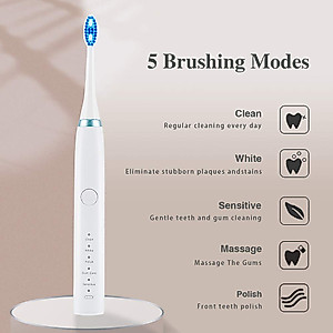 Sonic Electric Toothbrush Rechargeable for Adults, 2 Dupont Brush Heads & Travel Case Toothbrush Box, USB Charging Last 30 Days 5 Modes 3 Intensities Smart Timer (239 White)