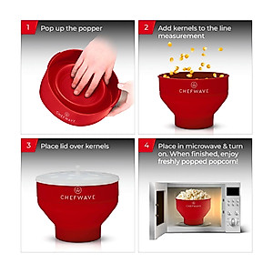 Chefwave Silicone Popcorn Popper (Red) - Reusable, Collapsible Microwave Popcorn Bowl - Dishwasher Safe
