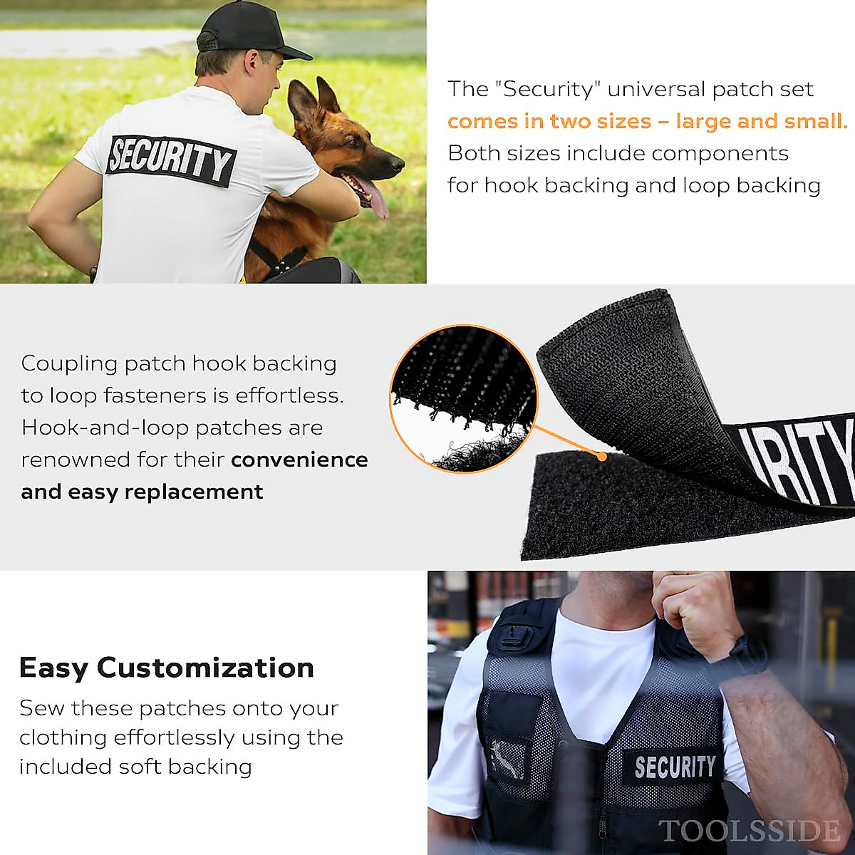 TOOLSSIDE 2 Pack Security Patches Hook and Loop System - Security Patches for Uniforms with Embroidered Letters - One Small and One Large Security Patch - Security Patch for Vest or Jacket 10.75"x4"