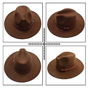 Koreshion Women Classic Fedora Hat Wool Wide Brim Felt Hats Jazz Cap with Belt Buckle Panama Hat Coffee