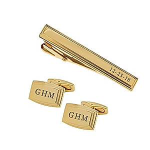 Personalized Gold Beveled Edge Cufflinks & Tie Clip Set Monogram Custom Engraved Free - Ships From USA