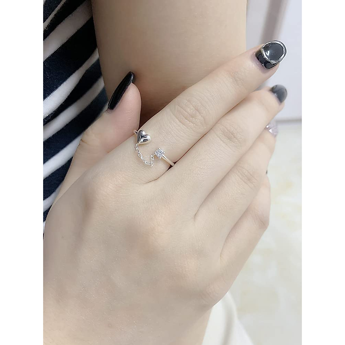 CZ Heart Eternity 925 Sterling Silver Ring for Women Girls Love Statement Engagement Promise Adjustable Open Band Diamond Chain Drop Dangle Rings Comfort Fit Wedding Valentine Jewelry Gifts