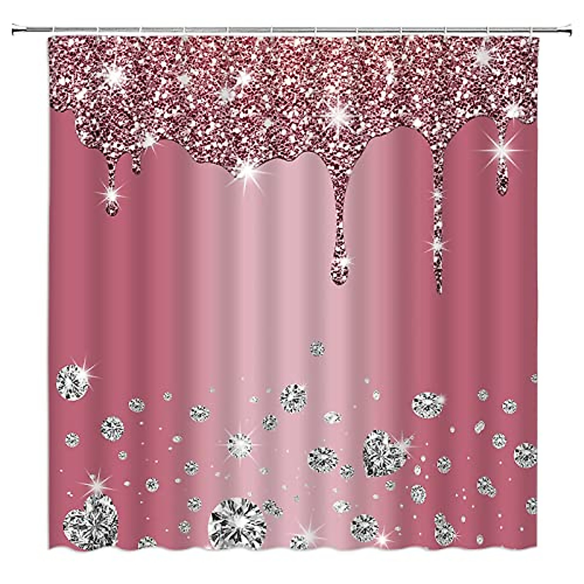 DSMEUE Glitter Diamond 4 Piece Shower Curtain Sets with Rugs，Pink Silver Shiny Drips Falling Bling Women Girl (No Glitter) 70" x 70" Bathroom Curtain and 17.8"x29.5" Bath Mat,Toilet Cover, U-Shaped