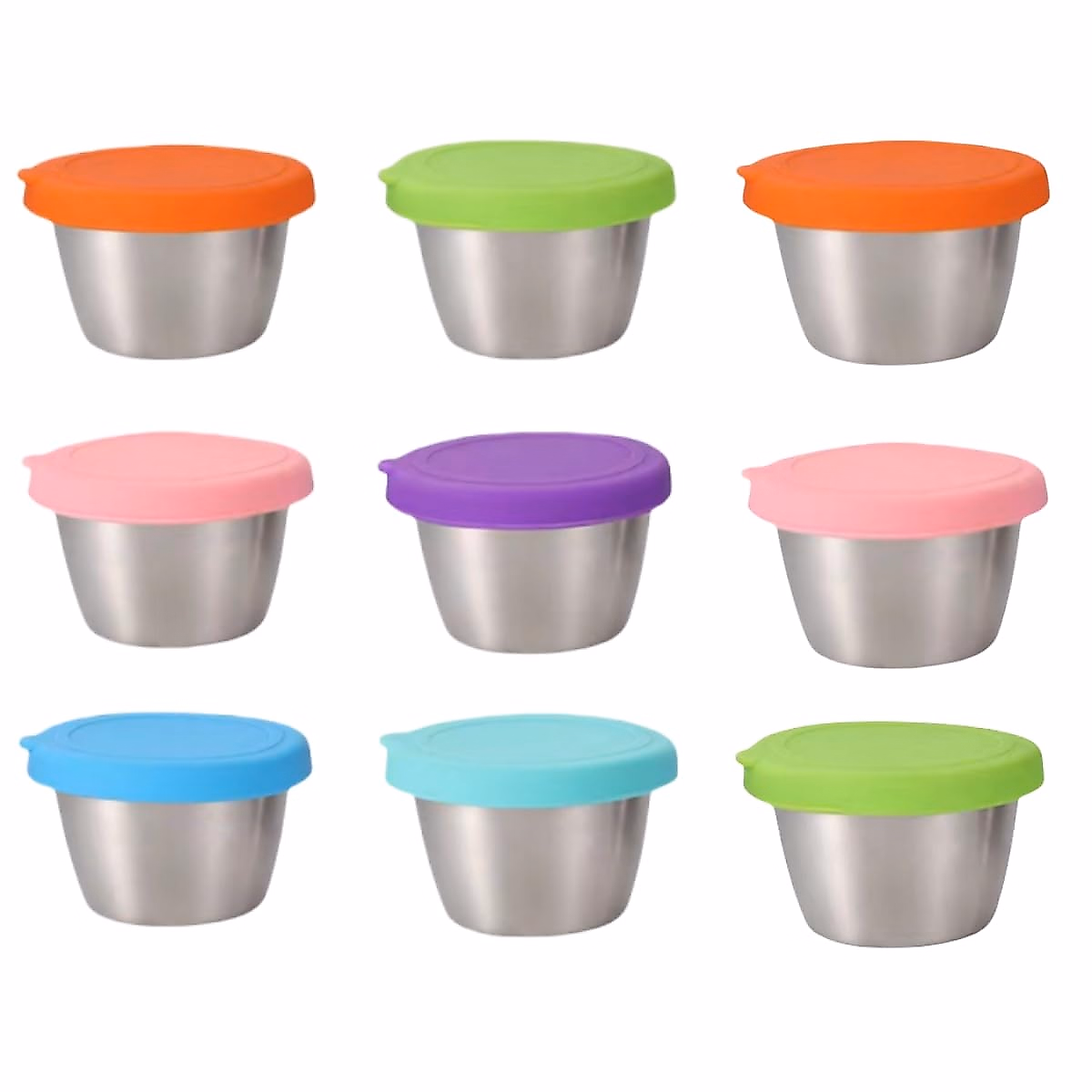 DREAM HORSE 9PCS Salad Dressing Container To Go, Airtight Leakproof Reusable Food Storage, Dipping Sauce Cups Set, Perfect for Snacks, Dips, and Meal Prep, Small Stainless Steel Dipping Sauce Cups