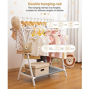 Cozivolife Kids Clothing Rack with 2 Hanging Rods and 4 Hooks, Kids Dress Up Rack with Bottom Storage Shelf, Child Garment Rack, Small and Foldable, Bamboo (White)