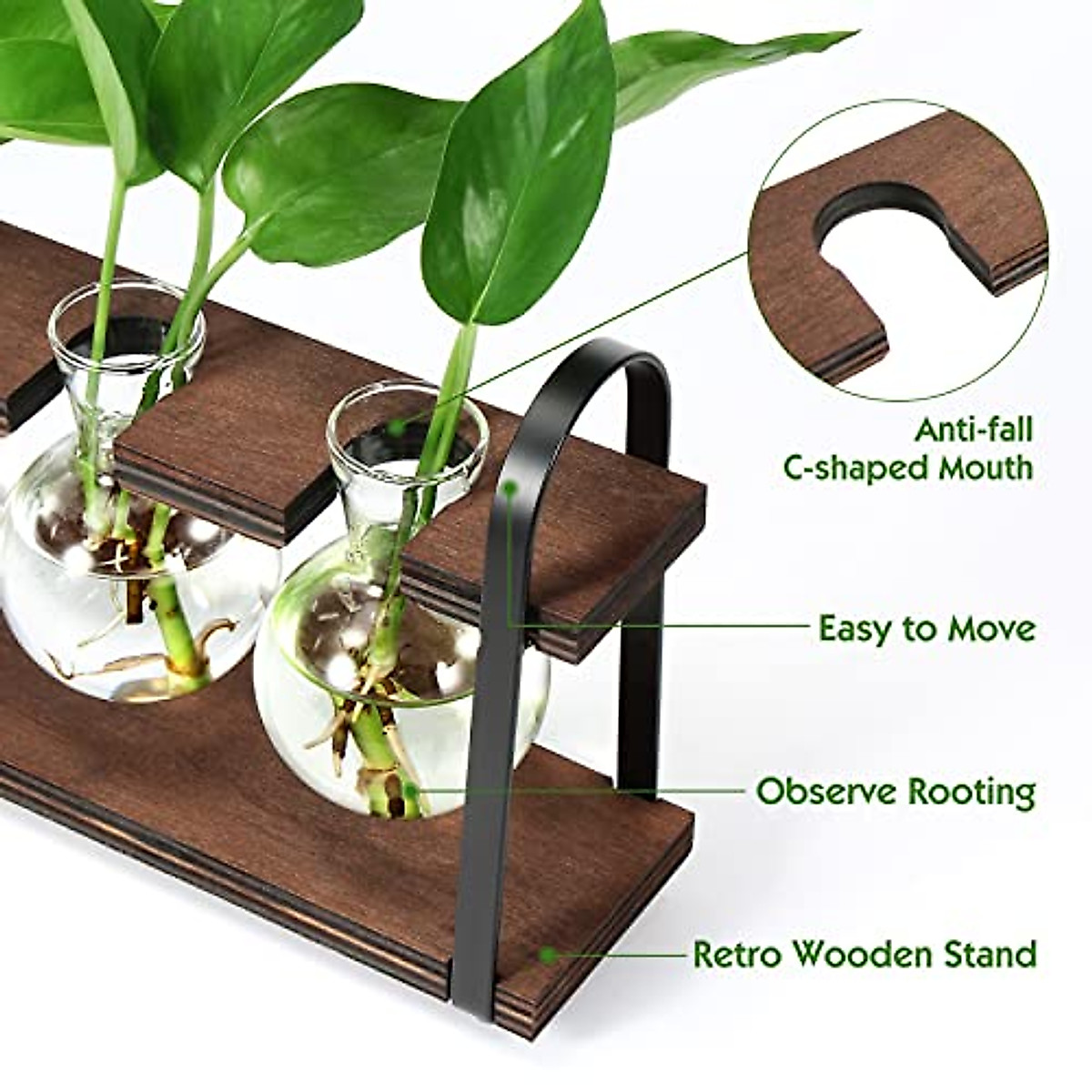 THYGIFTREE Plant Propagation Stations with Wooden Stand, Desktop Retro Plant Terrarium Bulb Vase for Indoor Hydroponic Flowers, Tabletop Glass Planter Housewarming Gifts for Plant Lovers