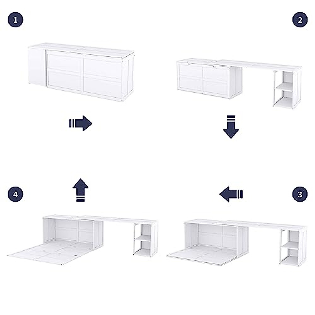 ATY Queen Size Murphy Bed with Rotable Desk, Solid Wood Bedframe w/Shelves, Can Converted into Cabinet, Save Space Design, for Kids, Students, Adults, Box Spring Not Required, White