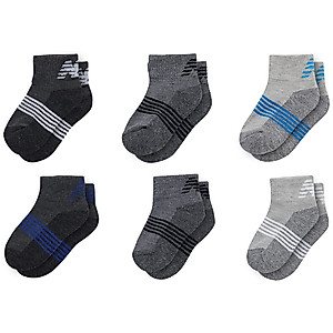 New Balance Baby Boys' Socks - 6 Pack Quarter Cut Non-Skid Gripper Socks (Infant/Toddler), Size 2-4T, Grey