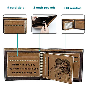 Amlion Personalized Custom Wallets, Engraved Leather Photo Wallet for Men Dad Husband Brown