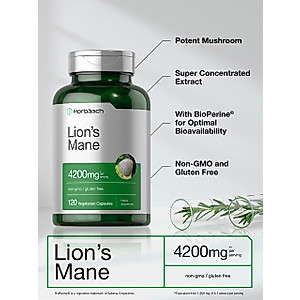 Horbäach Lions Mane Mushroom Extract | 4200mg | 120 Capsules | Vegetarian, Non-GMO, Gluten Free Supplement