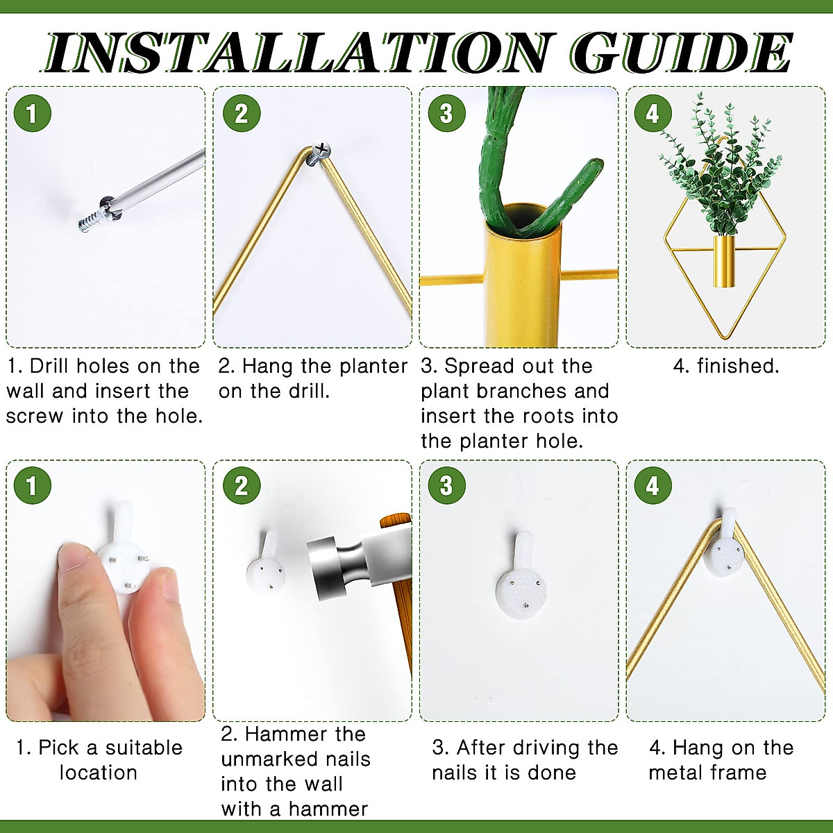 2 Pieces Wall Decor Hanging Planters with Artificial Plants Metal Hanging Vase Indoor Plants Holder Modern Geometric Wall Art for Home Bedroom Living Room Office(Eucalyptus,Gold)