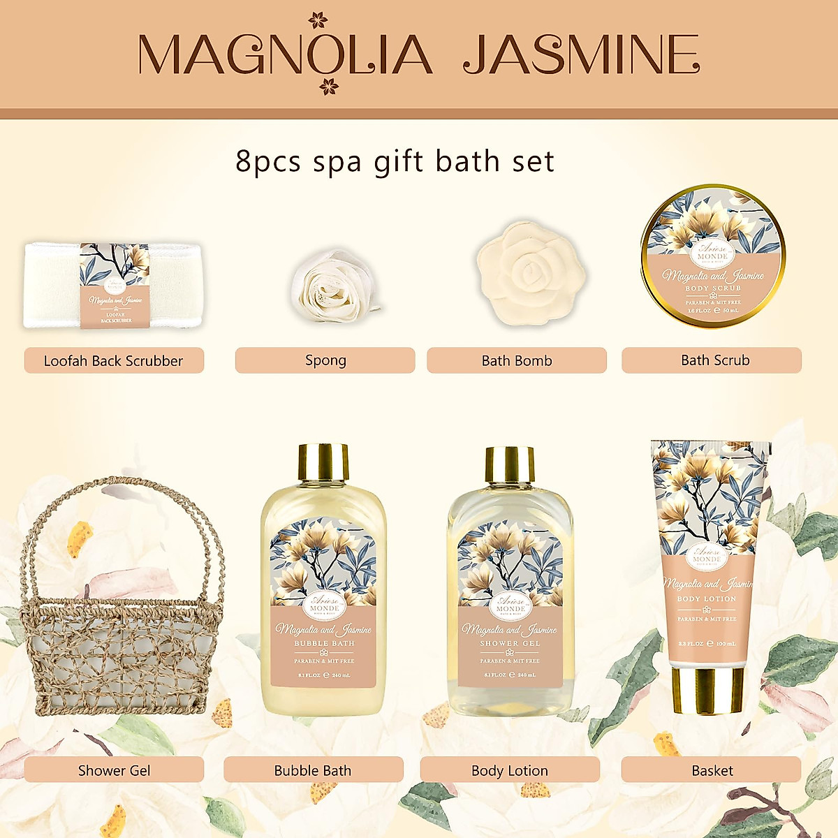 Home Spa Gift Basket, Bath Spa Kit for Women, with Body Lotion, Shower Gel, Bubble Bath, Body Scrub, Bath Salt, Bath Bomb, Bath Gift Set for Mother, Wife Her, with Magnolia and Jasmine Scent