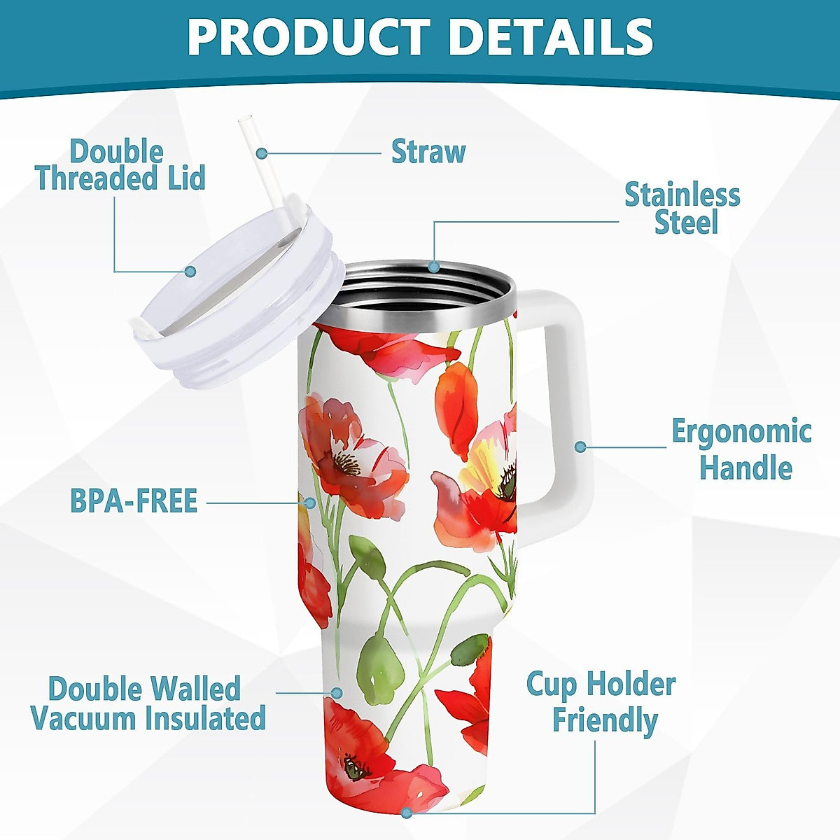 FENOCHE Poppy Flower Floral 30 oz Tumbler Insulated Cups Stainless Steel Water Bottle with Handle Lid and Straw Tumblers for Car Cup Holder
