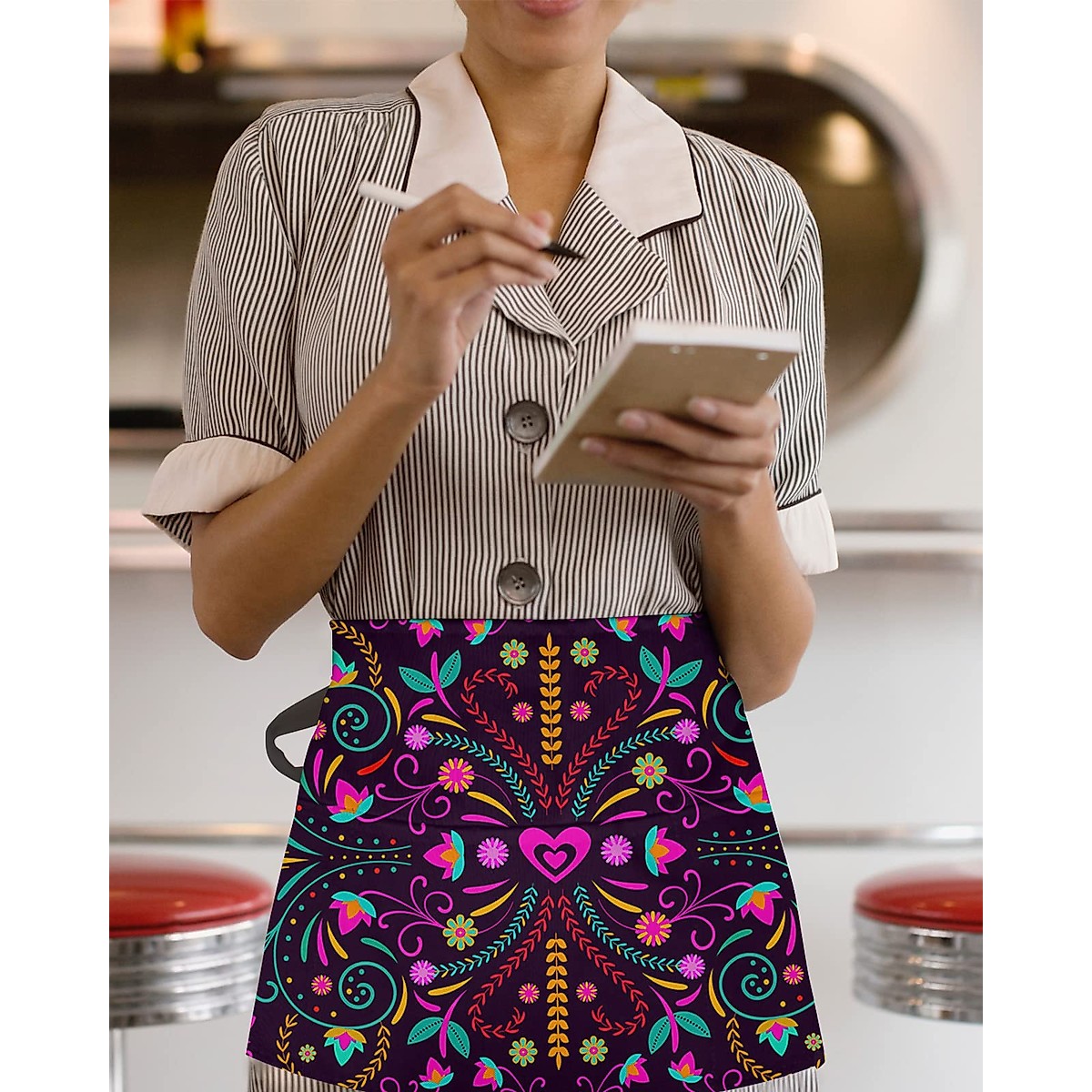 Flowers Mexico Waitress Waiter Server Apron with Pockets,Geometric Abstract Floral Colored Waist Half Waterproof Cooking Kitchen BBQ Grill Chef Apron for Women,Men,Kids,Dad,Mom,Grandma,Boys,Girls