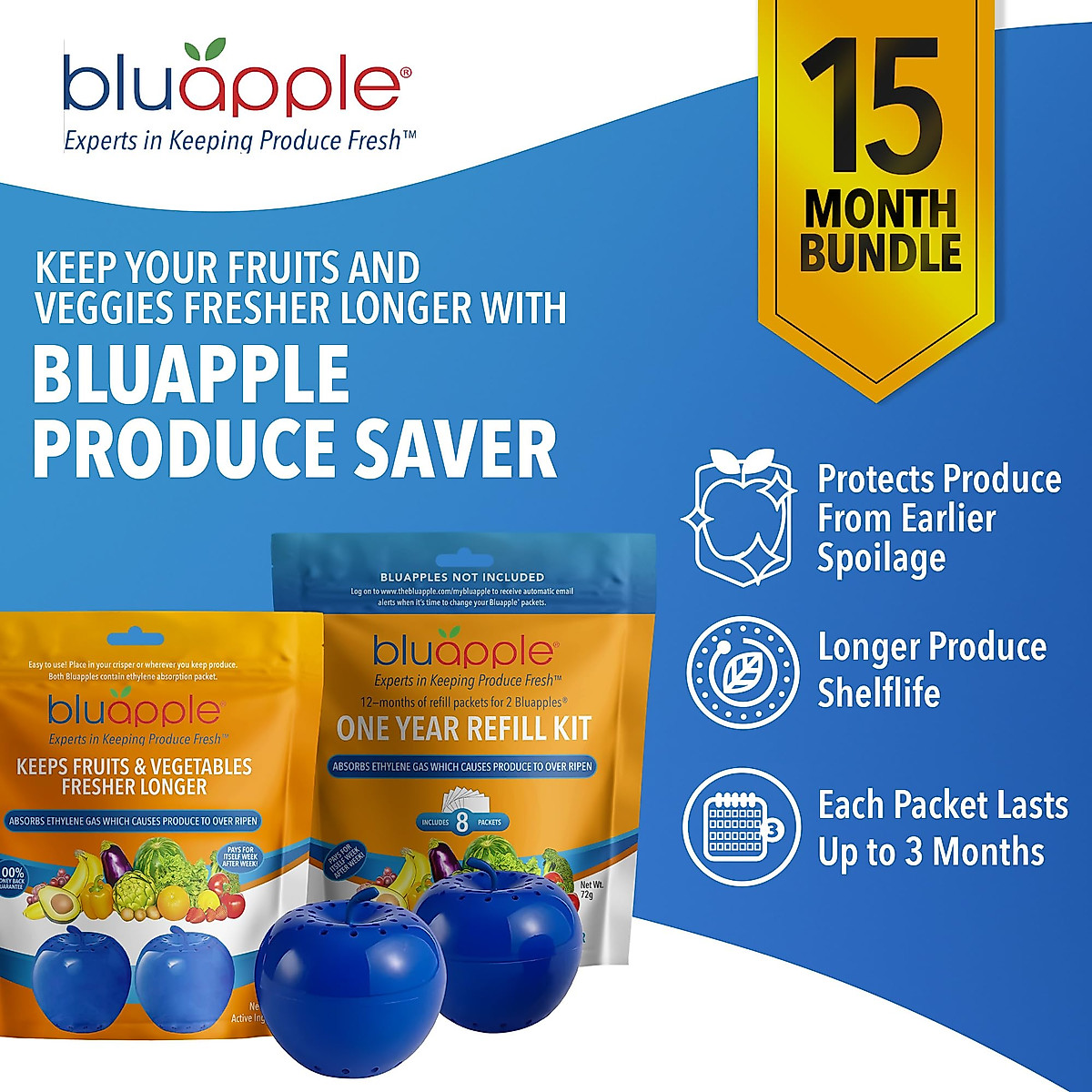 Bluapple Classic Produce Saver 15-Month Bundle, Vegetable & Fruit Fresh Produce Protector, Ethylene Gas Absorber, Food Freshness Extender, Fresh Fruit Preserver, Vegetable Saver, USA-Made BPA-Free