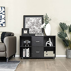 IFANNY 2 Drawer File Cabinet, Lateral Filing Cabinet with Shelves & Wheels, Black Buffet Sideboard, Rolling Storage Cabinet, Wood Cabinets for Home Office, Dining Living Room, Kitchen, Bedroom