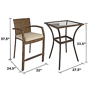 Cosco Outdoor 3 Piece High Top Bistro Lakewood Ranch Steel Woven Wicker Patio Balcony Furniture Set with Cushions, Brown