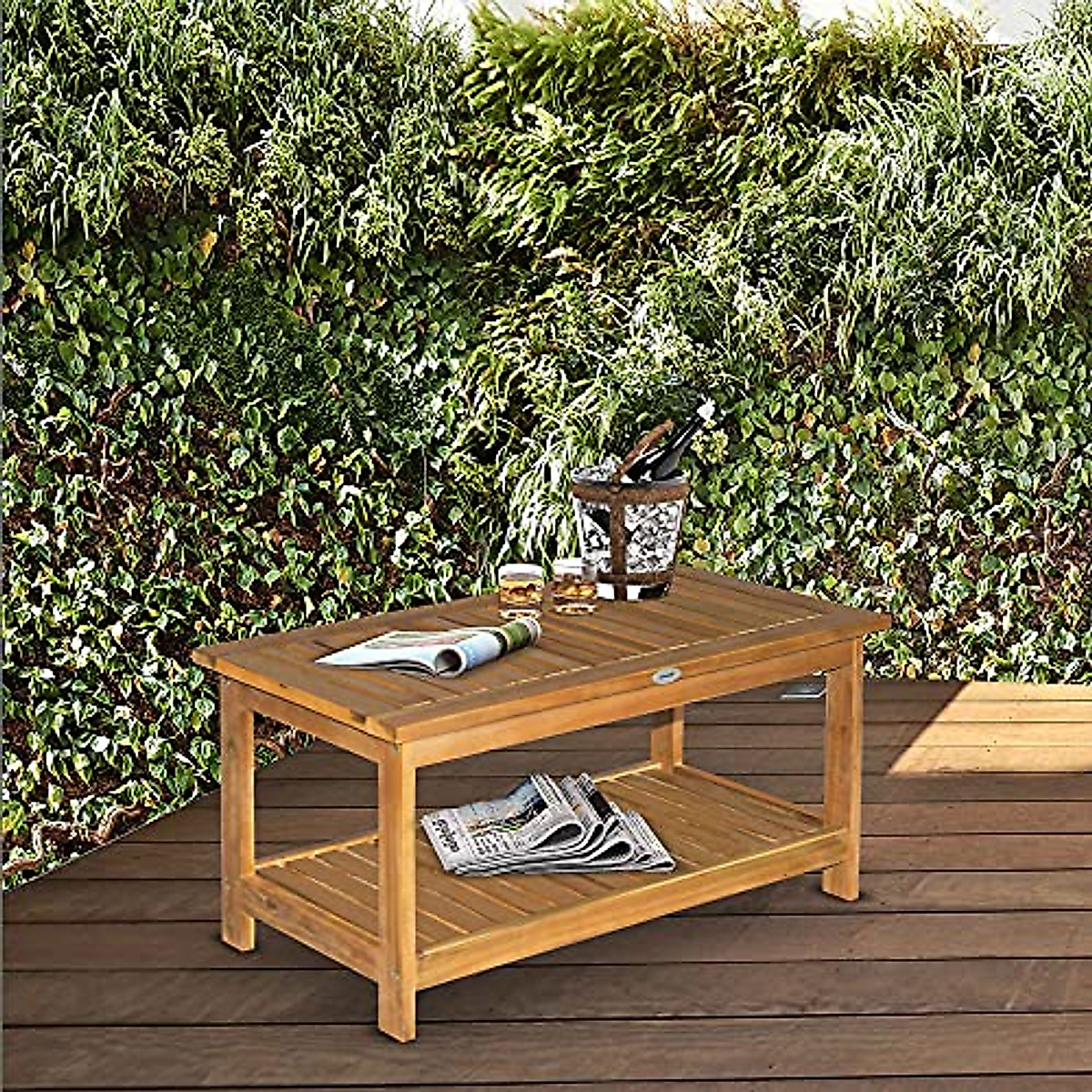 Outsunny Outdoor Coffee Table 2-Shelf Acacia Wood Rectangular Buffet Storage Organizer Natural Finish Teak Patio, Deck, Lawn, Garden 35.5"x17.75"x17"
