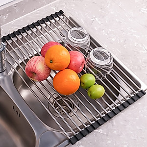 Seropy Roll Up Dish Drying Rack Over The Sink Drying Rack for Kitchen Counter, Rolling Dish Rack over Sink Mat, Foldable Dish Drainer Stainless Steel Sink Rack Kitchen Organization Gadgets