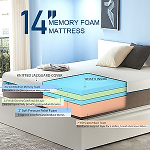 JINGWEI King Size Mattress, 14 Inch Gel Memory Foam King Mattress for Cooling Sleep & Pressure Relief, Medium Soft with Motion Isolation, 76 X 80 X 14 inches