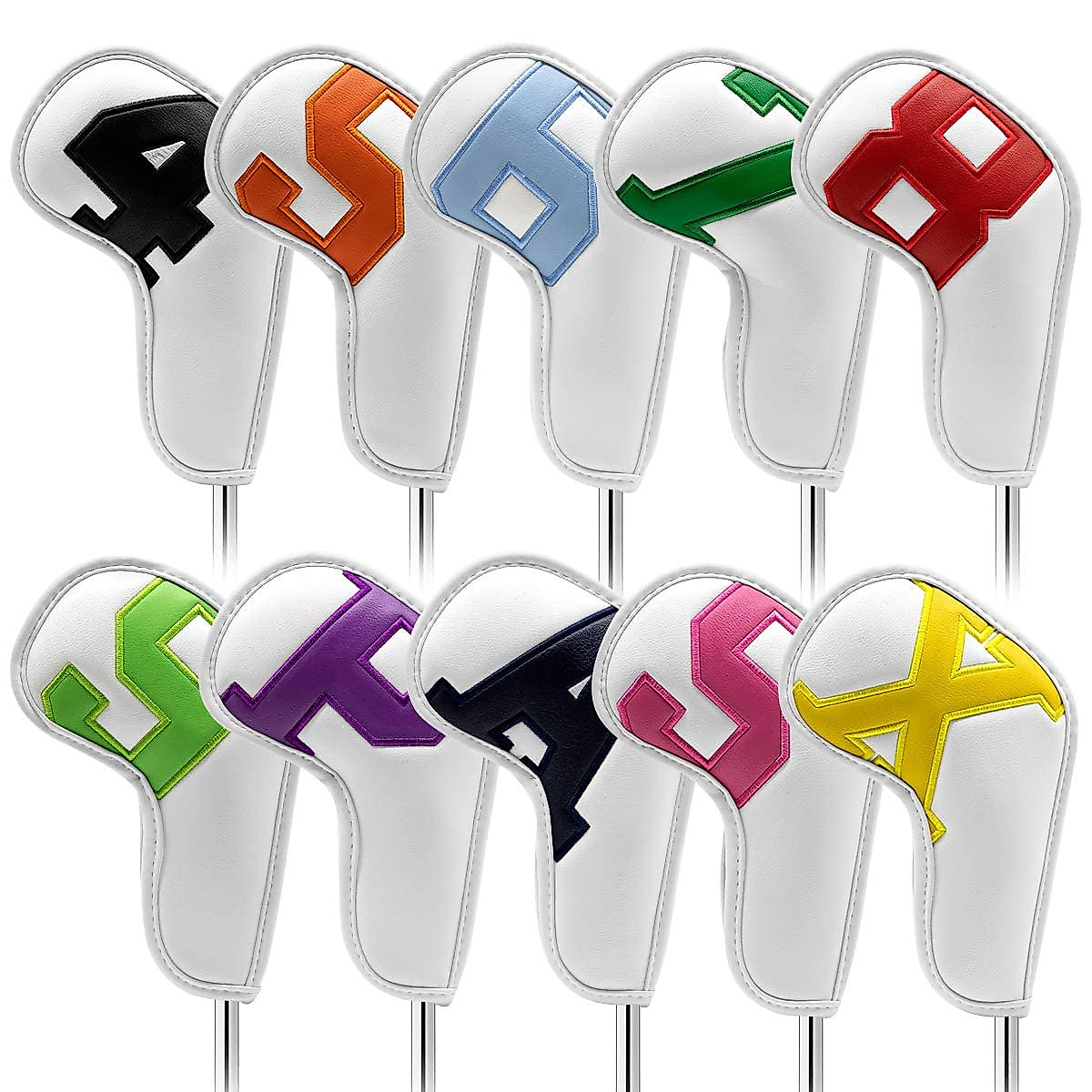 Barudan Golf Iron Club Head Covers set Headcovers for Callaway Ping S5 - Big Colorful Number - Long Neck - Black Pu Leather fits Small Standard Oversized Golf Clubs 10pcs/Pack (White+Color Number)