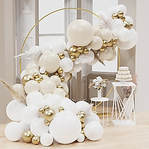 Double-stuff Pearl White Sand White Balloon Garland Arch kit, 132pcs 18/10/5 inch White Balloons with Metallic Gold Balloon for Wedding Bridal Baby Shower Birthday Anniversary Party Decorations